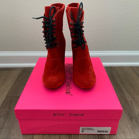 Betsey Johnson | Shoes | Betsey Johnson Daynaa Red Suede Wedge Boots ...